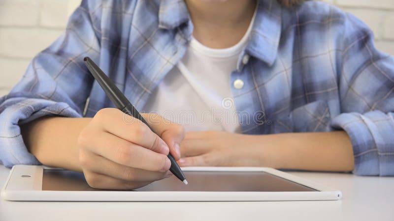 Child Studying on Tablet, Girl Writing in School Class, Learning Doing ...