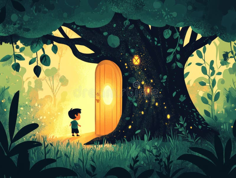 A Child Stumbles upon a Secret World Inside a Magical Tree. Stock Image ...