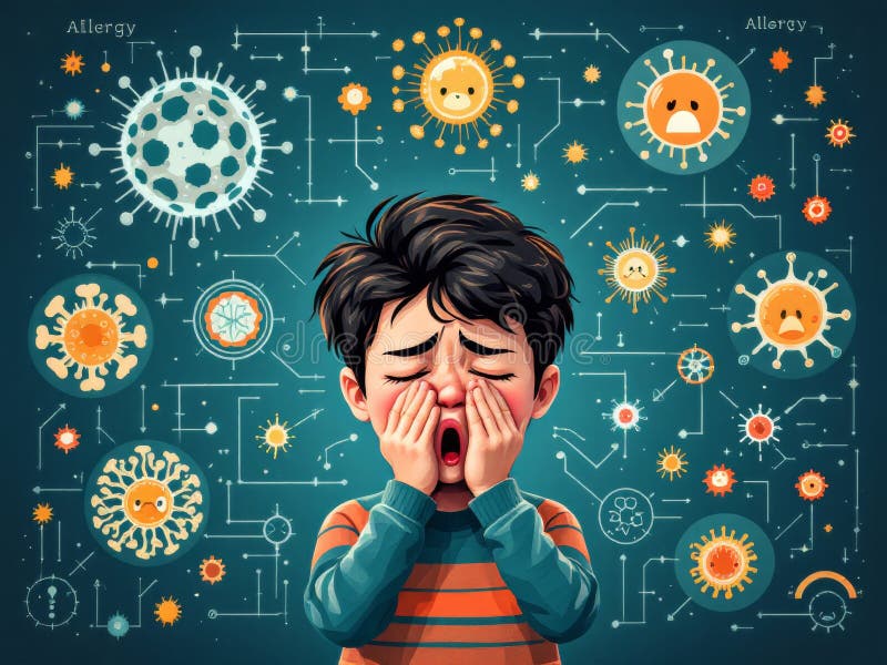 A Child Suffering from Allergies, Overwhelmed by Various Allergens ...