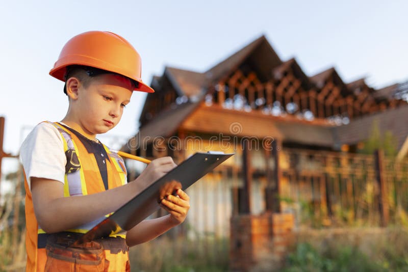 Child in a Suit of an Engineer is Checking and Inspecting the Building ...