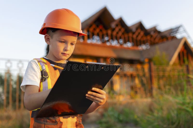 Child in a Suit of an Engineer is Checking and Inspecting the Building ...