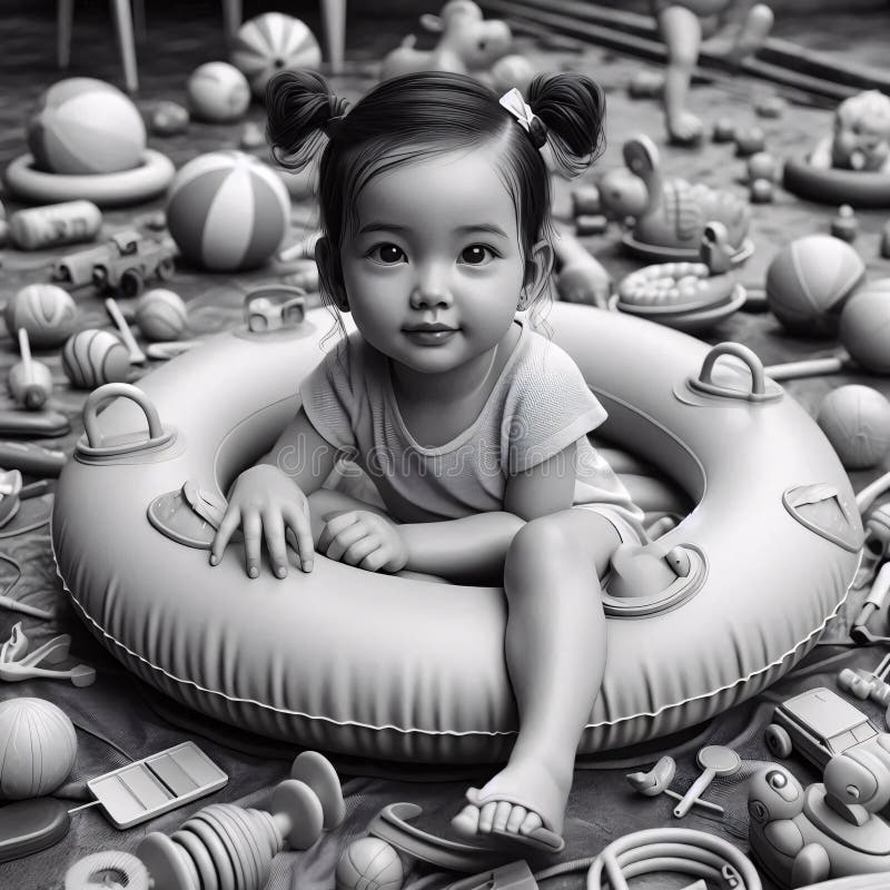 Child Surrounded by an Array of Toys in a Monochrome Setting Stock ...