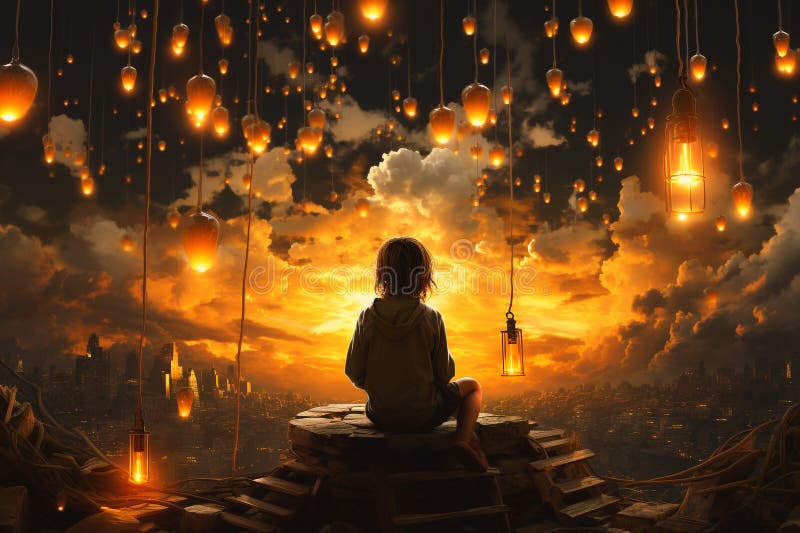 Child Surrounded by Many Light Bulbs, Spirituality, Explosion of Ideas, Brainstorming for ...