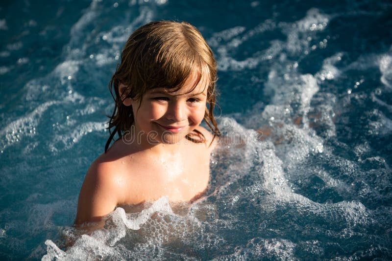 Child Swimming. Kids Summer Vacation in Swimming Pool. Stock Photo ...