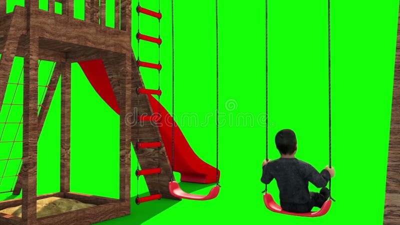 Child on Swing Playground Green Screen Back 3D Rendering Animation ...
