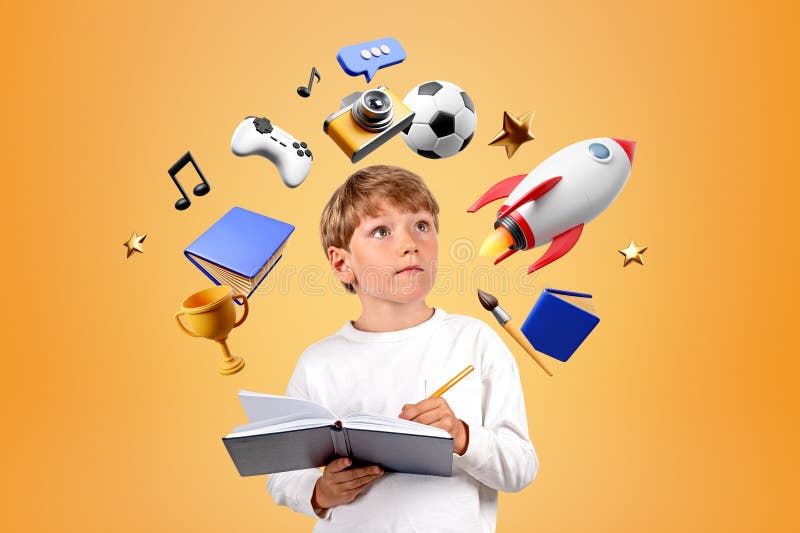 Child Take Note in Notebook, Different Social Media and Entertai Stock ...