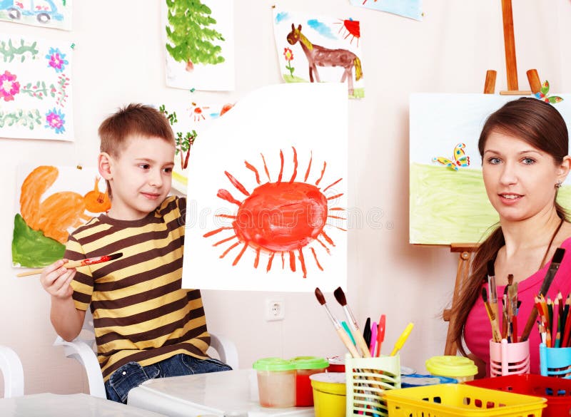 Child with Teacher Draw Paint in Play Room. Stock Photo - Image of ...