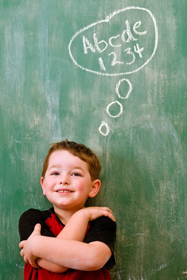 Child Thinking about Writing and Math Stock Image - Image of alphabet ...