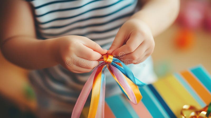 A Child Ties a Colorful Ribbon on a Gift Stock Image - Image of ...