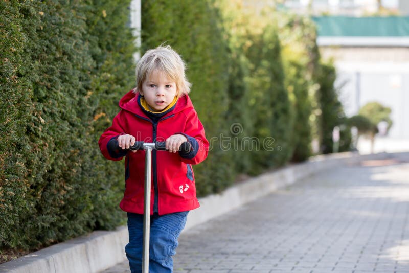 Child, Toddler Boy, Riding Scooter in the Park Stock Image - Image of ...