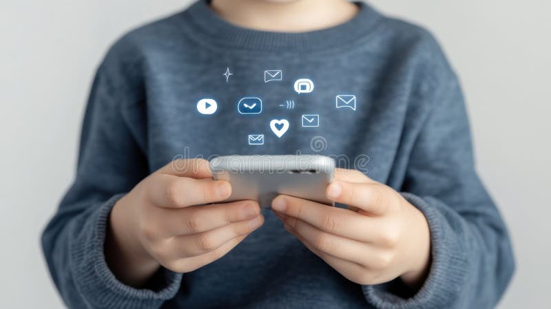 Child Touching Smartphone Screen, Displaying Floating Holographic Icons ...