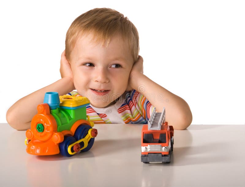 Little Blond Boy Playing with Robot Toy at Home, Indoor. Stock Image ...