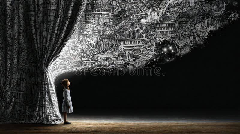 Child Unveiling a Bright Knowledge Landscape from Behind a Curtain of ...