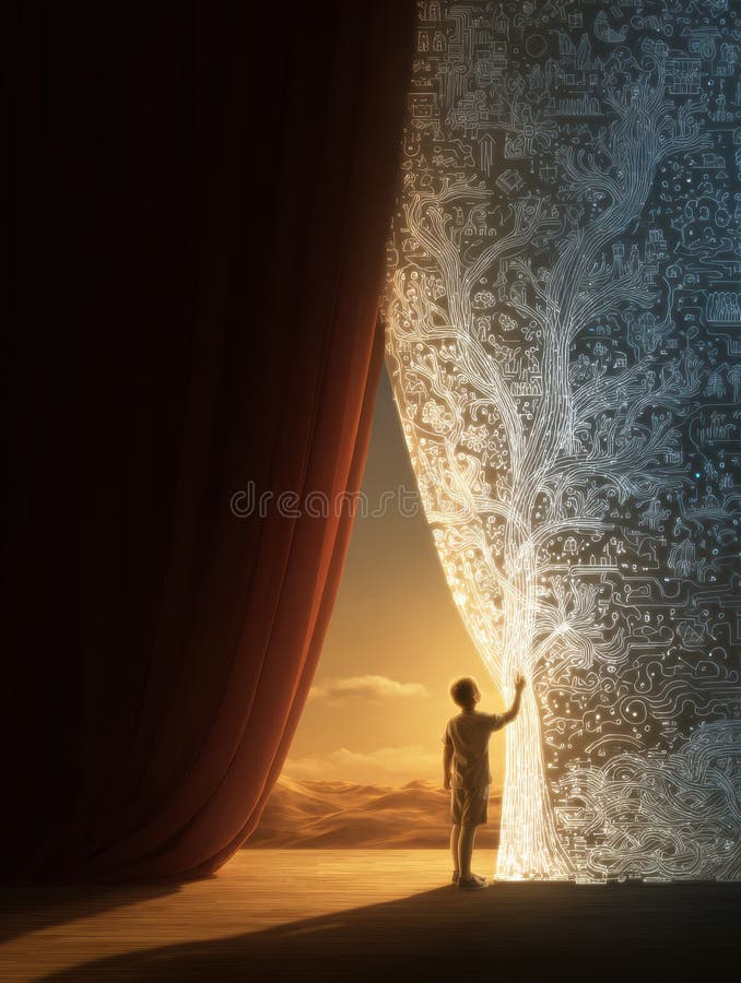 Child Unveils Bright Knowledge Landscape by Pulling Back the Curtain of Darkness in a Surreal ...