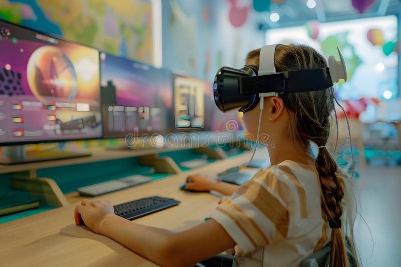A Child Uses Virtual Reality Headset, Experiencing Immersive 3D Worlds ...
