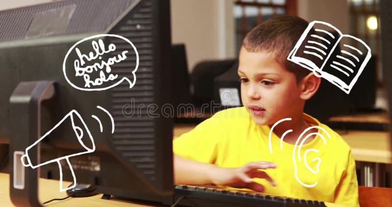 Child Using Computer with Communication and Learning Animation Over ...
