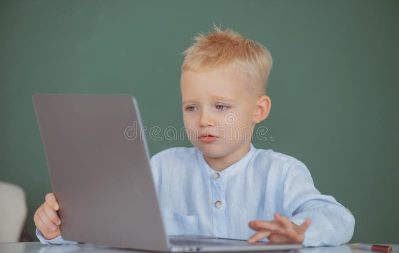 Child Using Gadgets To Study. Computer Education for Kids. Little Funny ...