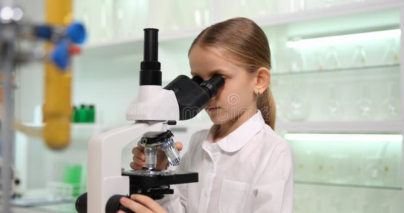 Kid Using Microscope in School Chemistry Lab, Student Child Studying in ...