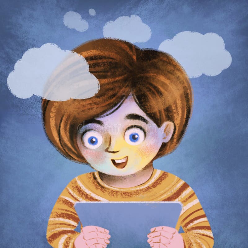 Child Using Mobile Tablet Device with Head in Clouds, Children Style ...