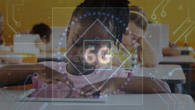 Child Using Tablet with 6G Technology Animation Overlay in Classroom Setting Stock Footage ...