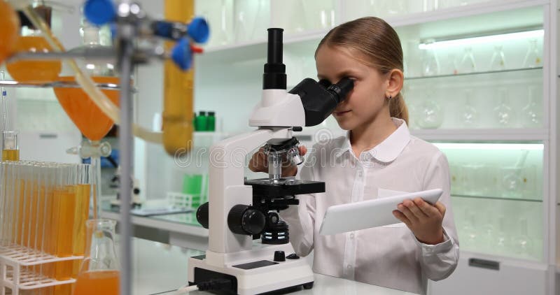 Child Using Tablet, Microscope in School Chemistry Lab, Girl Working ...