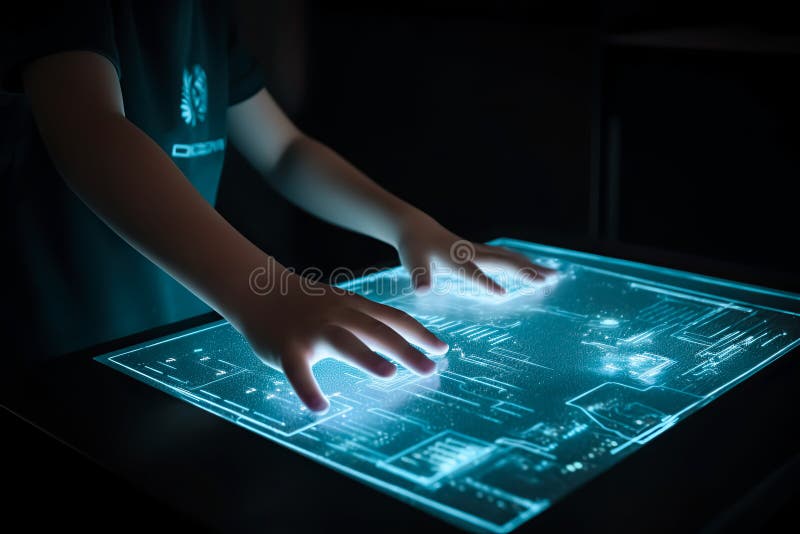A Child is Using Touch Screen Hologram Display To Make Creative ...