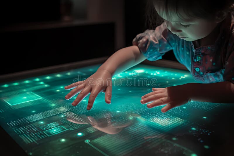 A Child is Using Touch Screen Hologram Display To Make Creative ...