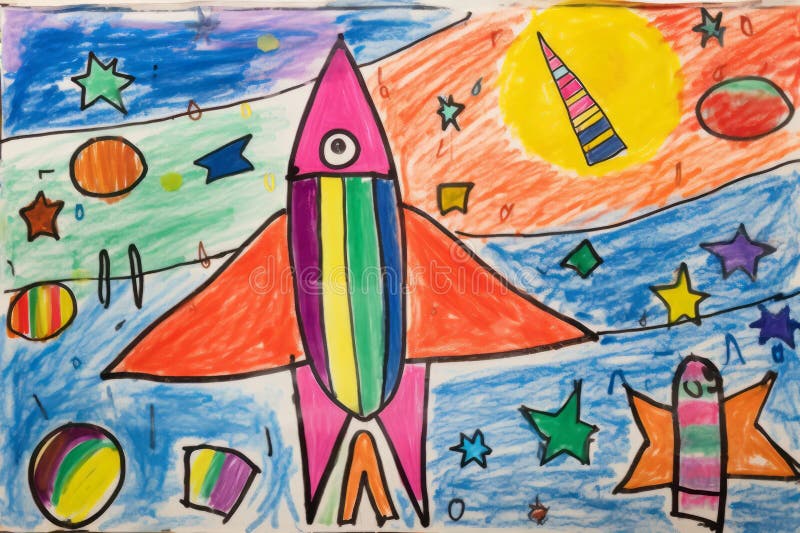 Child Very Naive Cartoon Drawing of Space Shuttle or Rocket. Stock ...