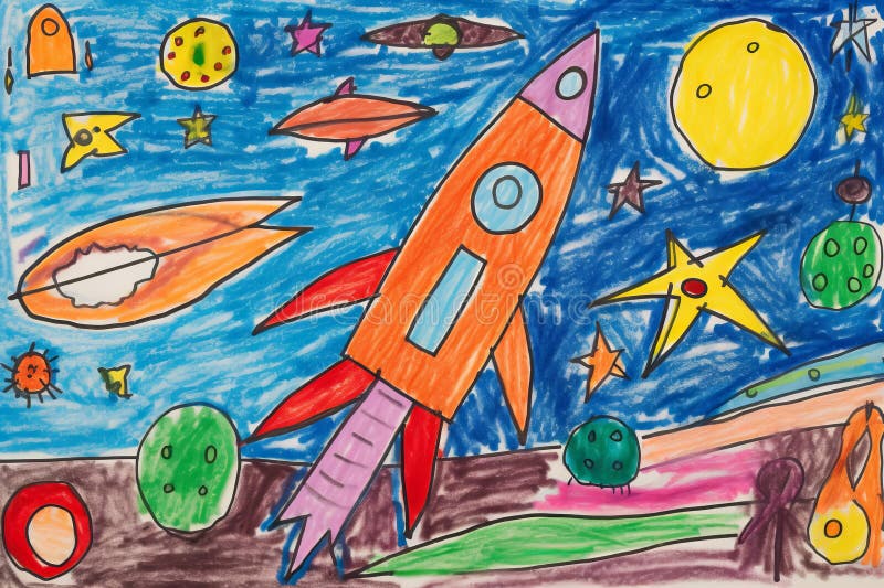 Child Very Naive Cartoon Drawing of Space Shuttle or Rocket. Stock ...
