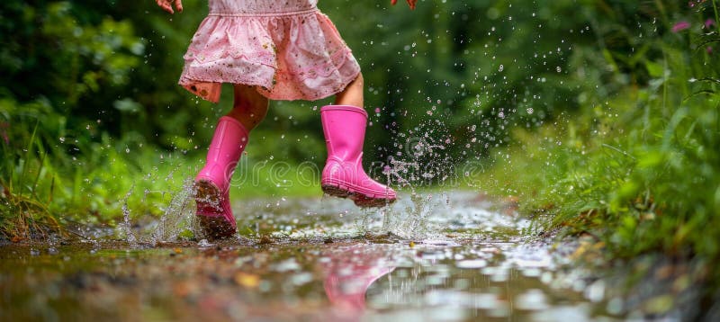 Child in Vibrant Rain Boots Joyfully Leaping in a Big Puddle, Offering ...