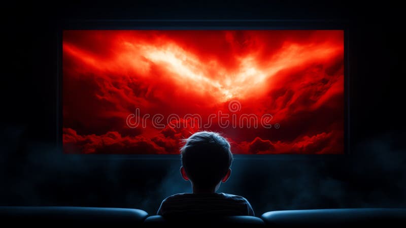 Child Viewing a Dramatic Red Scene on a Large Screen, Dark Room ...