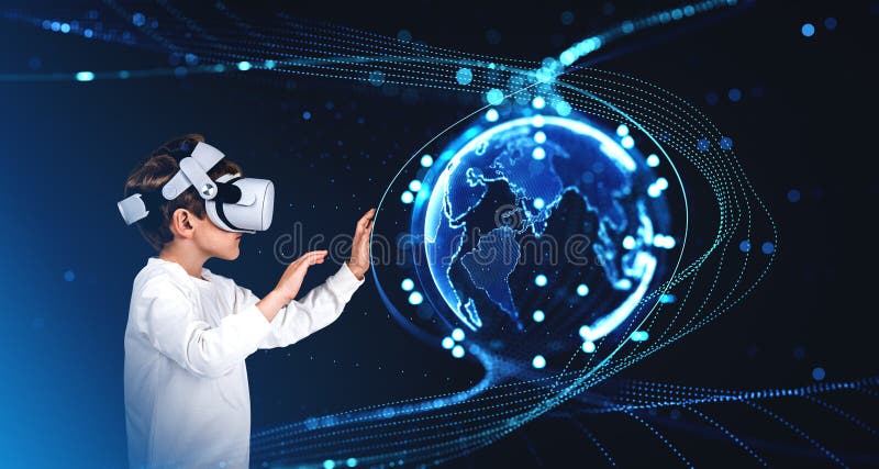 Child in Vr Glasses Hands Touching Earth Globe, Virtual Reality Concept ...