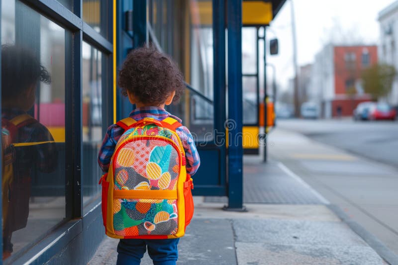 Child Waiting at Bus Stop with a Colorful Backpack Stock Photo - Image ...