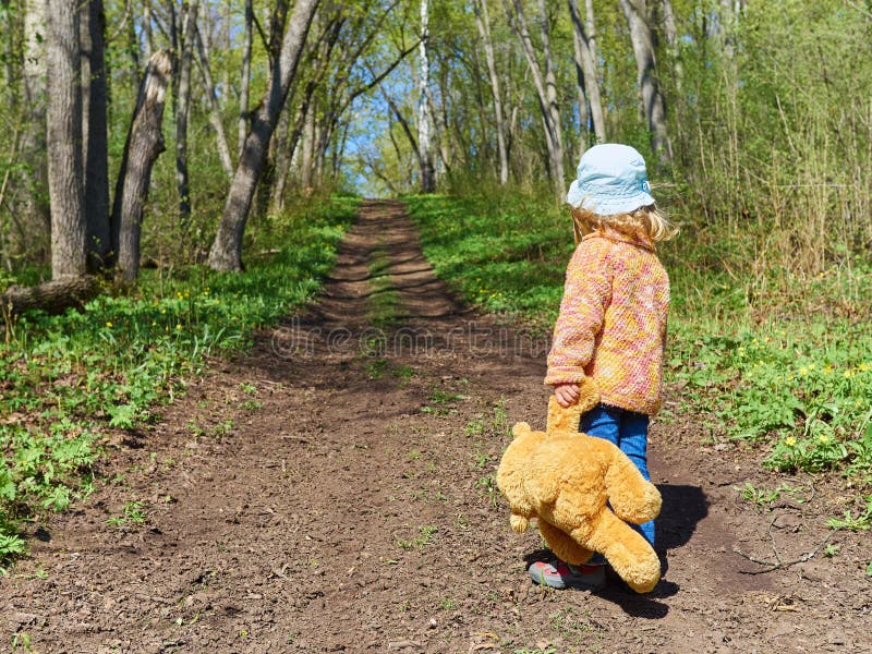 Child is Walking Down Path with Teddy Bear Stock Image - Image of park ...