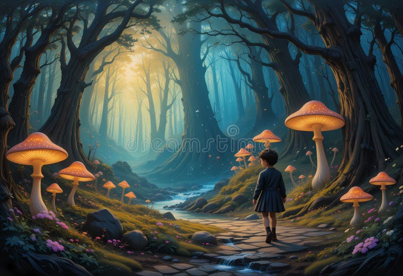 Child Walking on a Magical Path in a Mystical Forest Stock Illustration ...