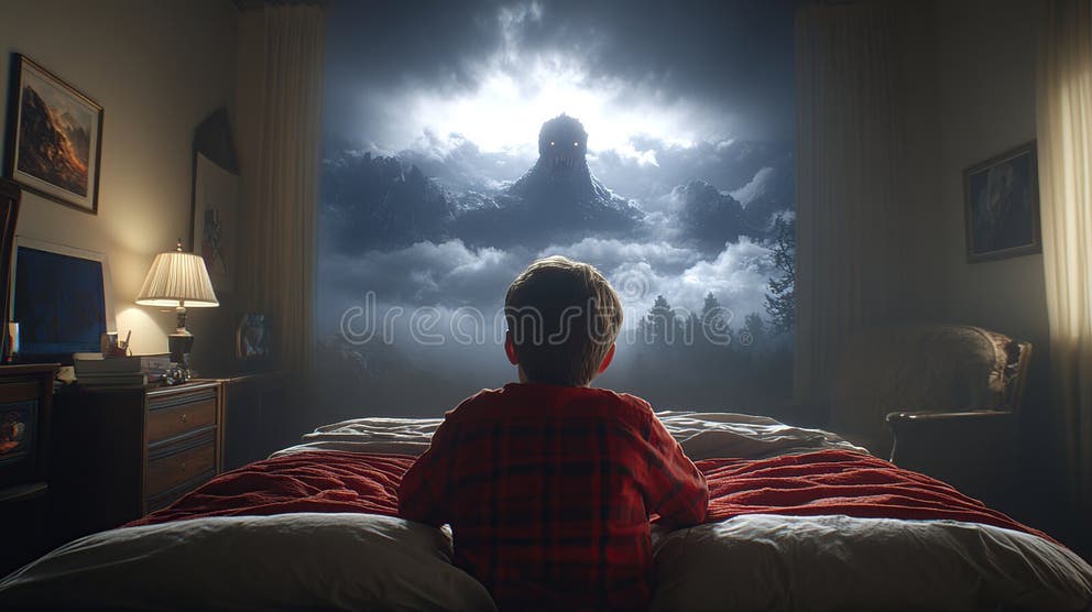 Child Watches Giant Creature through Window Stock Illustration ...