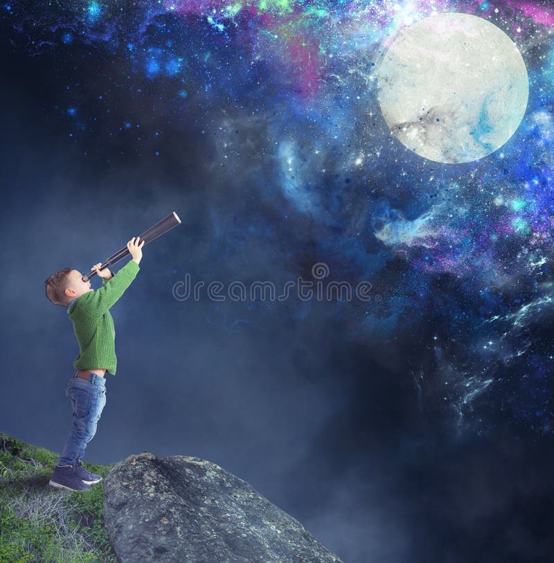 Child watching the moon stock image. Image of attractive - 52316609