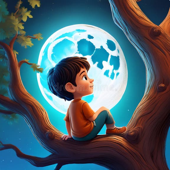 Child Watching Moon on Tree in Evening Cartoon Stock Photo - Image of ...