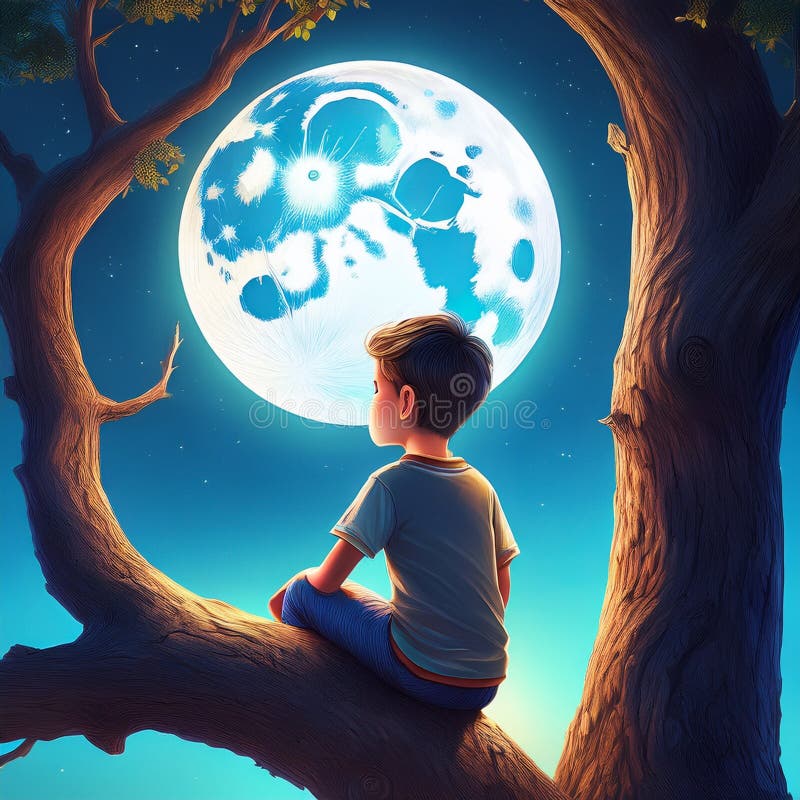 Child Watching Moon Tree Evening Cartoon Stock Photos - Free & Royalty ...