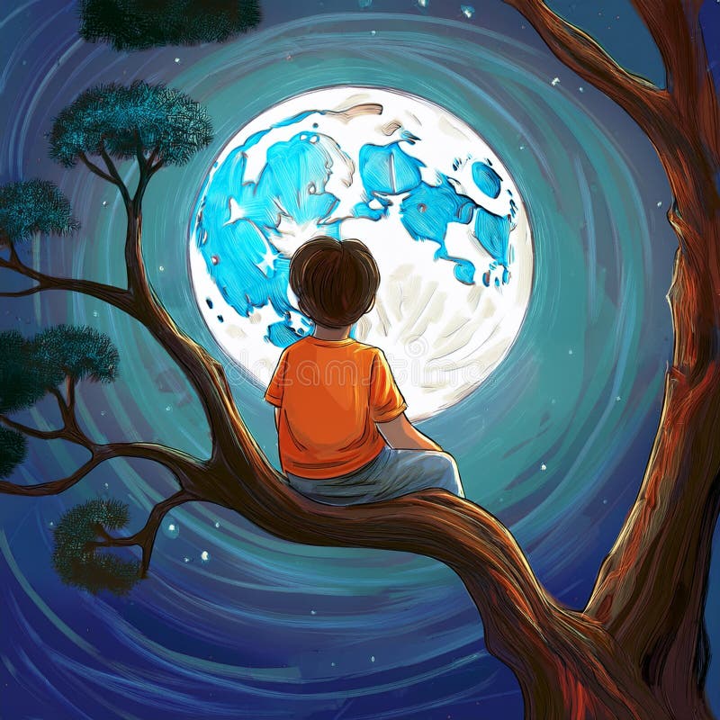 Child Watching Moon on Tree in Evening Cartoon Stock Image - Image of ...