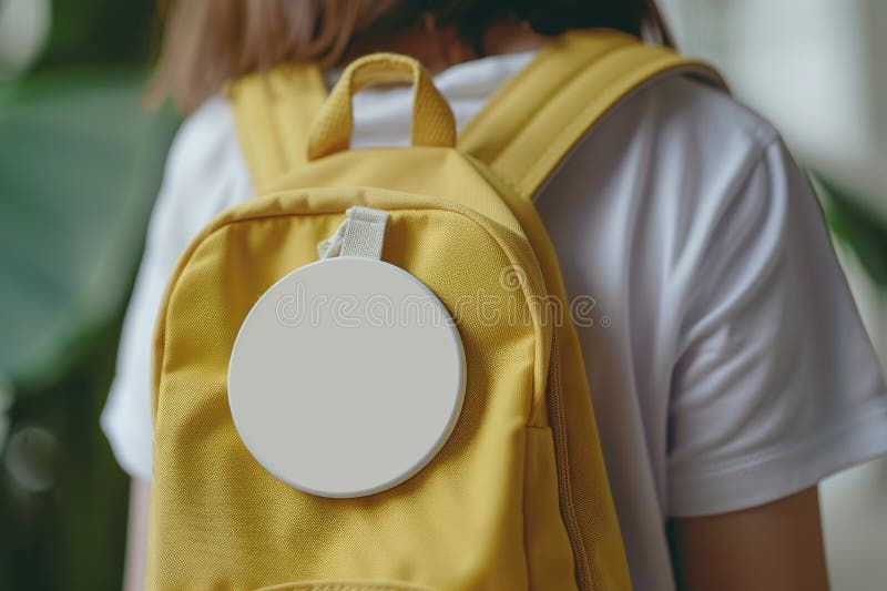 Child Wearing Backpack with Blank Circular Badge Outdoors Stock Image ...