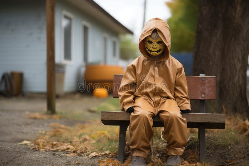 A Child Wearing a Halloween Costume Sits on a Bench Stock Illustration ...