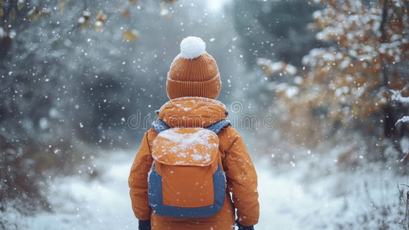 A Child Wearing an Orange Jacket and Backpack Walking through a Snow ...