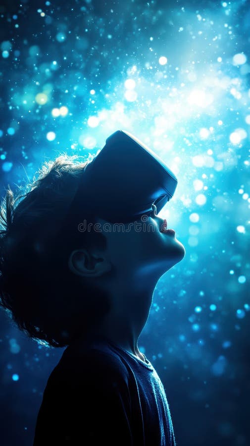 Child Wearing Virtual Reality Headset in Blue Light Stock Illustration ...