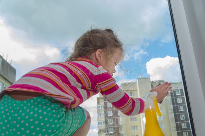 Child on the Windowsill Washes the Window Stock Image - Image of glass ...