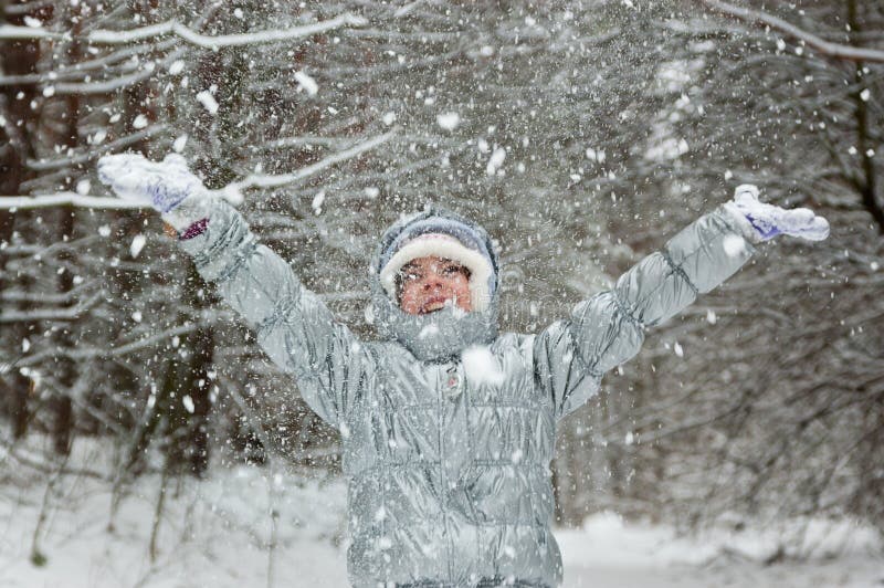 Child Winter Fun in Snowy Forest Stock Photo - Image of active, holiday ...