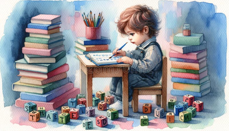 Child Writing with Books and Blocks Stock Illustration - Illustration ...