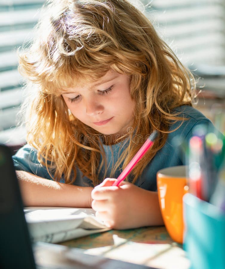 Child Writing Homework in School Class. Kid Boy at Home Writes Draws ...