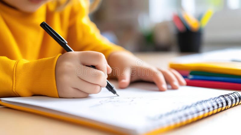 Child Writing in a Notebook, Colorful School Supplies, Homework Scene ...