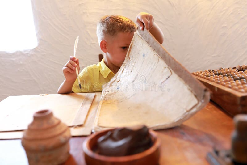 Child Writing with Quill Pen Stock Image - Image of drawing, feather ...